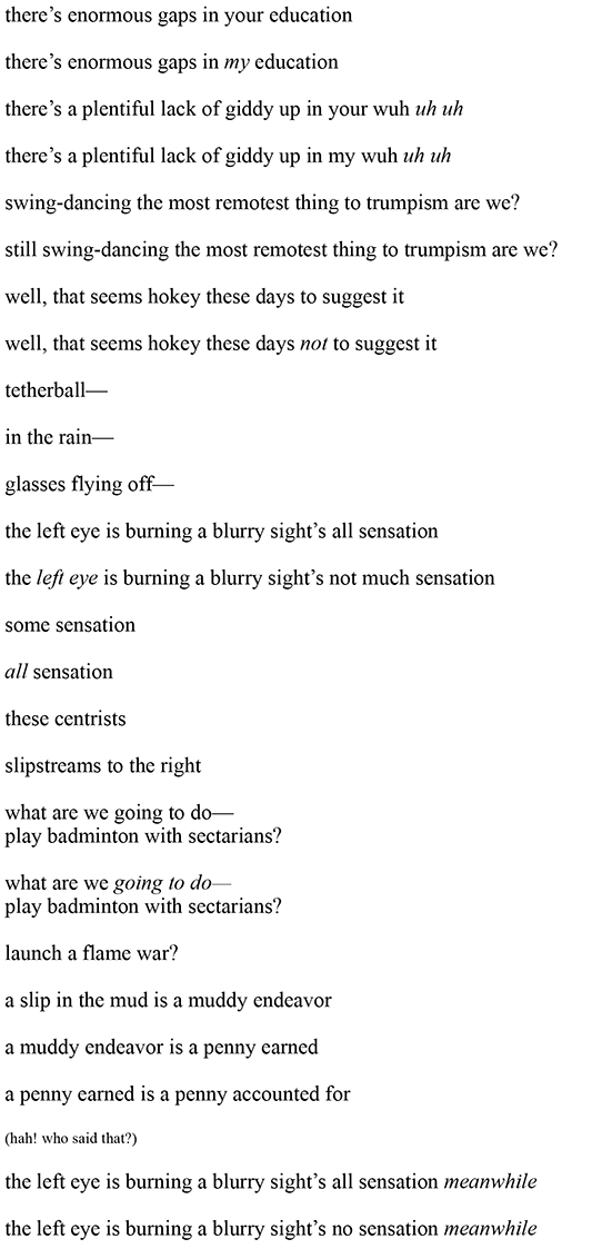 Poem by Rodrigo Toscano: "relay alpha, bravo, charlie"